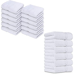 Utopia Towels Premium Bundle - Cotton Washcloths White (12x12 inches) Pack of 12 with White Hand Towels 600 GSM (16 x 28 inches), Pack of 6