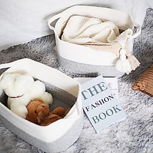 Poschnor 2 Pack Woven Rope Basket with Handles, 15''X10''X9'' Storage Bins Basket, Basket for gifts, Basket for Living Room, Storage Organizer for Towels, Closets, Books, Toys, Grey/White.