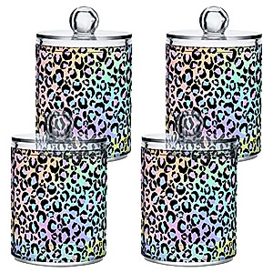 Joisal Multicolored Gradient Leopard Print 2 Pack Ear Cotton Swabs Container With Lids Plastic Bathroom Organizer for Cotton Balls, Cotton Swabs, Cotton Round Pads, Floss Picks