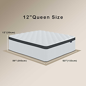 Tegeniss Queen Mattress, 12 Inch Innerspring Hybrid Mattress in a Box with Gel Memory Foam, Individually Wrapped Encased Coil Pocket Spring Mattress, Pressure Relief, Medium Firm Support, 60"*80"*12"