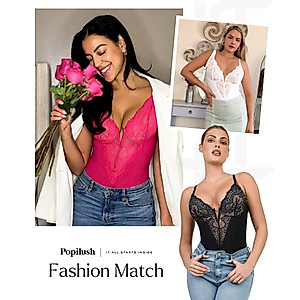 Popilush Shapewear Tummy Control Lace Bodysuits for Women Low Back Sleeveless V Neck Body Shaper Black XL