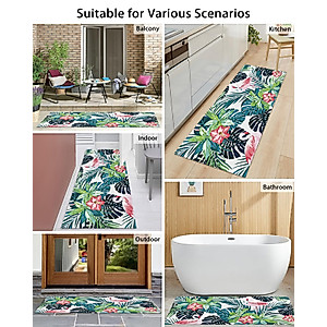 Welcome Mats, Flamingo and Green Leaves Door Mat, Non-Slip Absorbent Large 20x63 Inch Outdoor Indoor Mat Low-Profile Floor Mat Doormat for Entryway/Patio/Garage