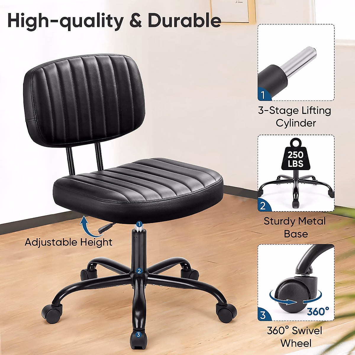 DUMOS Armless Home Office Chair Ergonomic Desk with Comfy Low Back Lumbar Support, Height Adjustable PU Leather Computer Task with 360° Swivel Wheels, for Small Space, Kids and Adults, Black