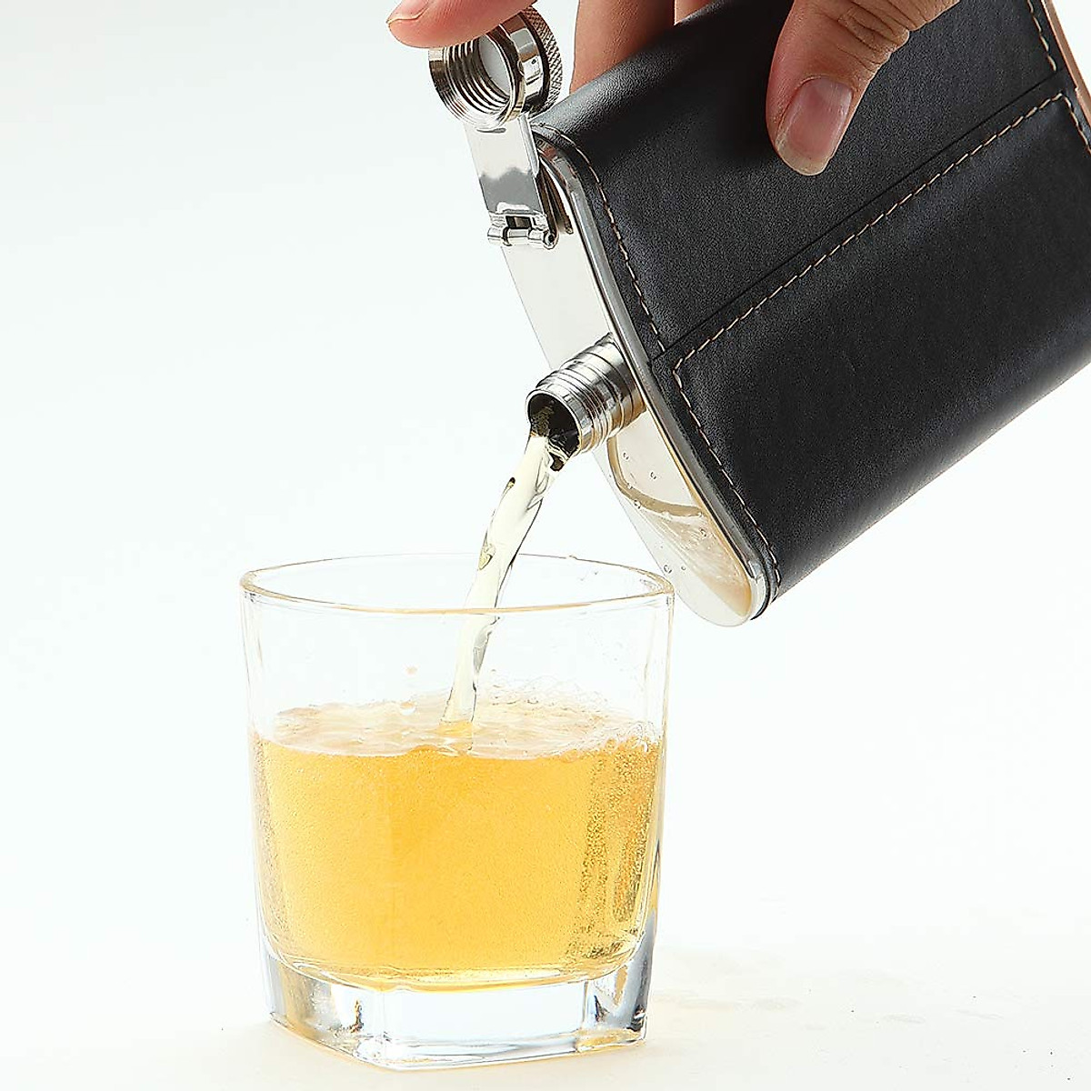 YWQ Stainless Steel American Flag Flask, Soft Touch Cover Liquor Flasks 8oz | Leak Proof Black PU Leather Heavy Duty Hip Set, Includes Funnel