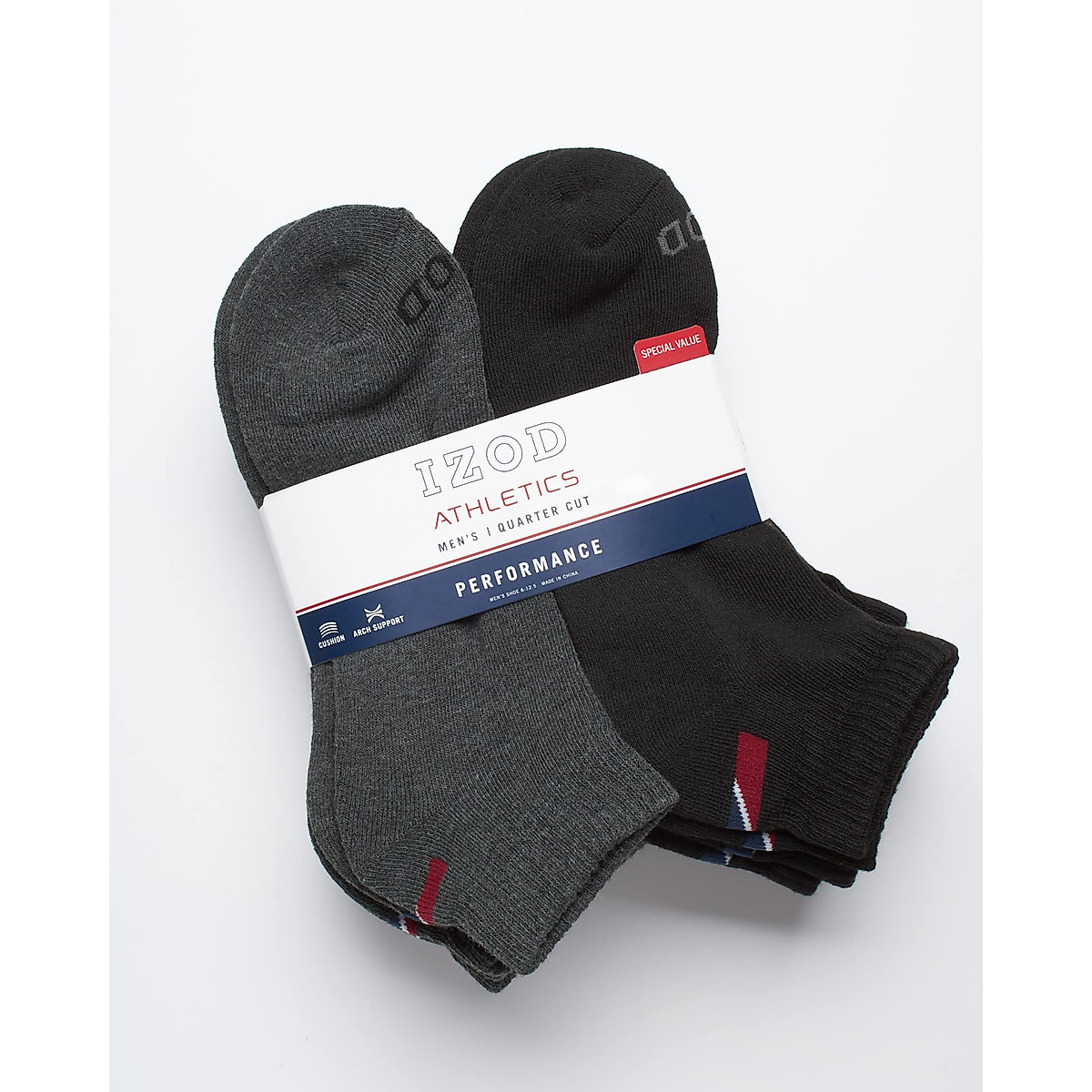 IZOD Men's Athletic Socks - Performance Cushion Quarter Socks (10 or 12 Pack), Size 6-12.5, Black/Grey (12Pk)