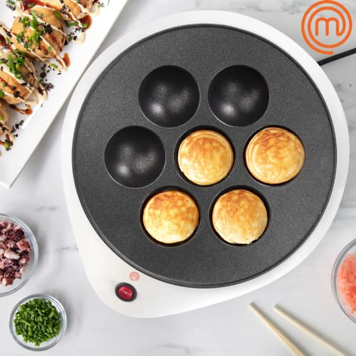 MasterChef Electric Ebelskiver Maker Delicious Homemade Japanese Takoyaki, Donut Holes, Cake Pops, Octopus Balls, Aebleskivers, Danish- Nonstick Easy Clean Appliance, Fun Summer Baking Gift