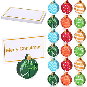 18 Pcs Christmas Wooden Place Card Holders with Name Card Mini Santa Claus Snowman Christmas Tree Christmas Ball Name Card Photo Picture Stand Holder for Winter Christmas Party(Christmas Ball)