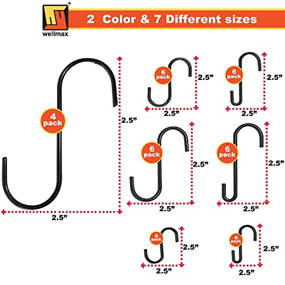 Wellmax 101pc S Hooks for Hanging, Heavy Duty S Shaped Hooks, Combination Assortment Metal S Hook Set for Hanging Plants, Closet, Kitchen, Pot Rack, and pots and Pans