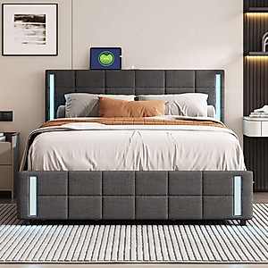Upholstered Bed with LED Lights and USB Charging, Queen Size Storage Bed Platform Frame with Headboard and 4 Drawers for Bedroom, No Spring Box Required (Dark Gray)