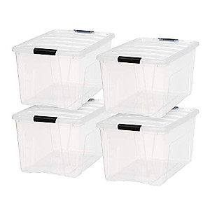 IRIS USA 72 Qt. Plastic Storage Container Bin with Secure Lid and Latching Buckles, 4 pack - Clear, Durable Stackable Nestable Organizing Tote Tub Box Sports General Organization Garage Large