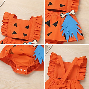 IBAKOM Baby Girl Romper Dress Toddler Cake Smash Outfit First Birthday Outfit Bubble Bodysuit One Piece Cavegirl Easter Clothes Baptism Halloween Christmas Onesie Orange-Dress (2PCS) 18-24 Months