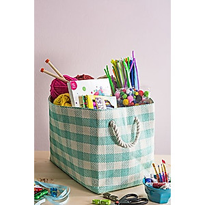 DII Woven Paper Storage Bin, Checkers, Aqua, Medium Rectangle