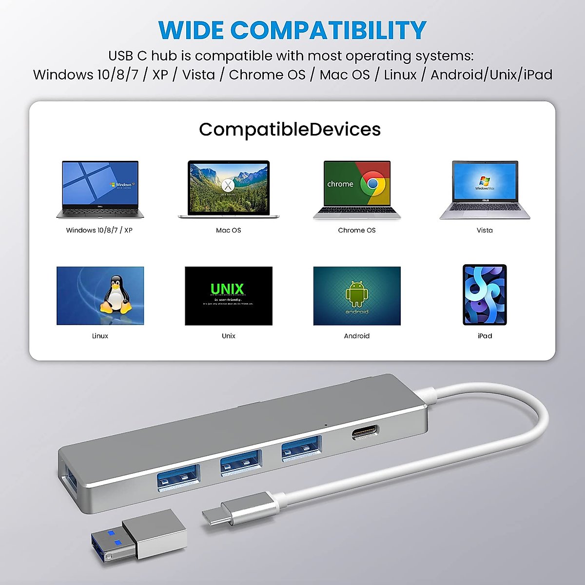 3.0 USB C Hub, Slim Aluminium Alloy High-Speed External USB Port with USB-C to USB Adapter, USB Extender Splitter Compatible with Computer, Mac, PCs, Smartphone, and Tablet