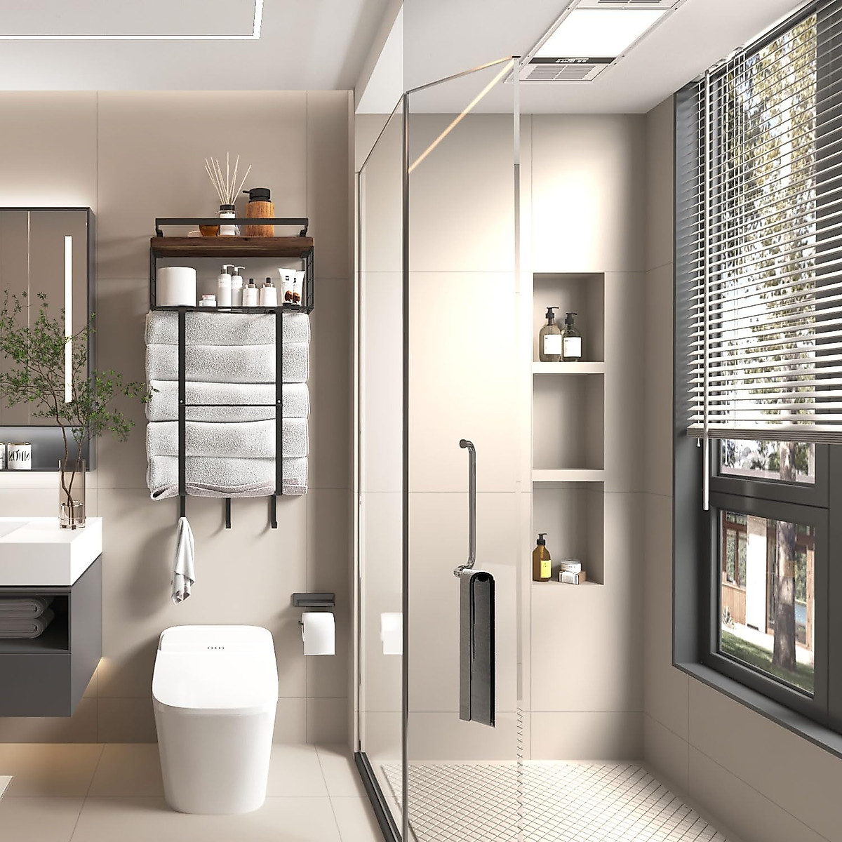 Behaesty Towel Racks for Bathroom, Wall Towel Holder for Rolled Towels with Wooden Shelf & 3 Hooks, Bathroom Towel Storage for Large Towels, Small Towels, Hand Towels, Bath Organizer Decor