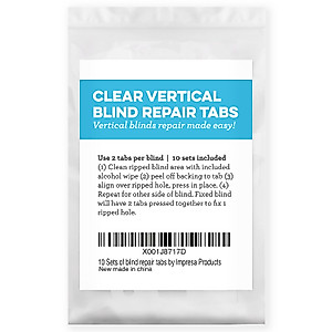 Impresa Clear Vertical Blind Repair Tabs - 20 Clear, Stick-On Tabs (10 Sets) with 2 Alcohol Wipes - Great for Sliding Door, Window, Patio Blinds - Simple Blind Fixing Solution