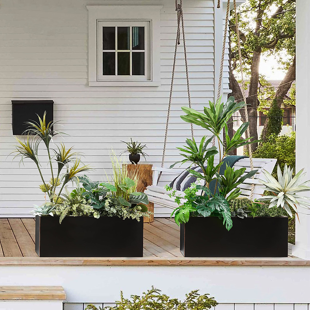 Wallowa Metallic Heavy Long and Large Outdoor/Indoor Planter, Rectangular Trough Planter Box, 38”Lx15”Wx15”H, 40Pounds, Black with Hand Brushed Gold Edge, No Assemble and Seamless