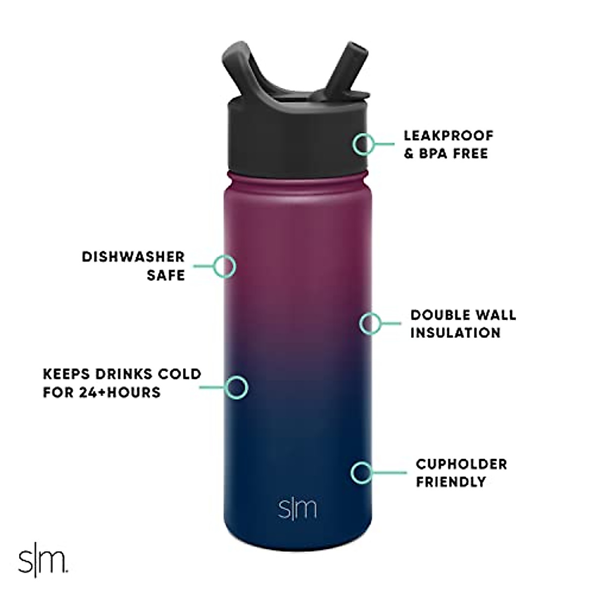 Simple Modern Kids Water Bottle with Straw Lid Vacuum Insulated Stainless Steel Metal Thermos Bottles | Reusable Leak Proof BPA-Free Flask for School | Summit Collection | 18oz, Mystic Moon