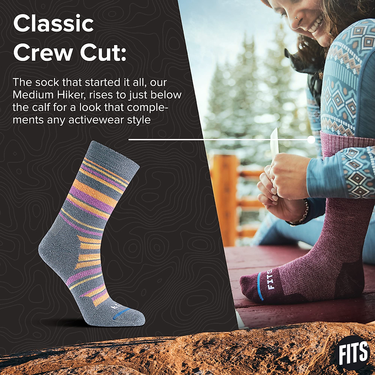 FITS Medium Hiker Crew Sock for Men and Women, Merino Wool, Cushion, Breathable, Odor Resistant, Lightweight Hiking Sock, Coal, X-Large