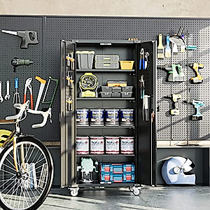 GangMei Rolling Metal Storage Cabinet with Pegboard, 72''H Tall Garage Cabinet with Wheels & 4 Adjustable Shelves, Garage, Home, Assemble Required, Black