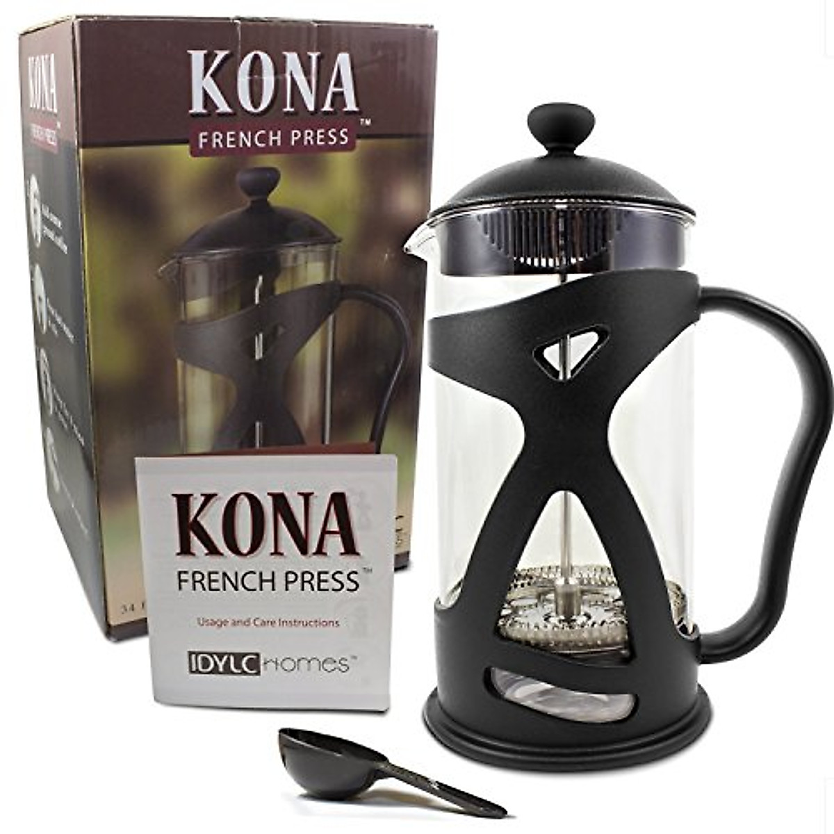 KONA French Press Coffee Press Maker With Reusable Stainless Steel Filter, Large Comfortable Handle & Glass Protecting Durable Black Shell