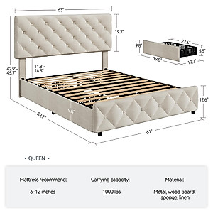 IDEALHOUSE Queen Size Bed Frame with 4 Storage Drawers, Linen Upholstered Platform Bed Frame with Adjustable Headboard, Diamond Stitched Button Tufted, No Box Spring Needed, Off White