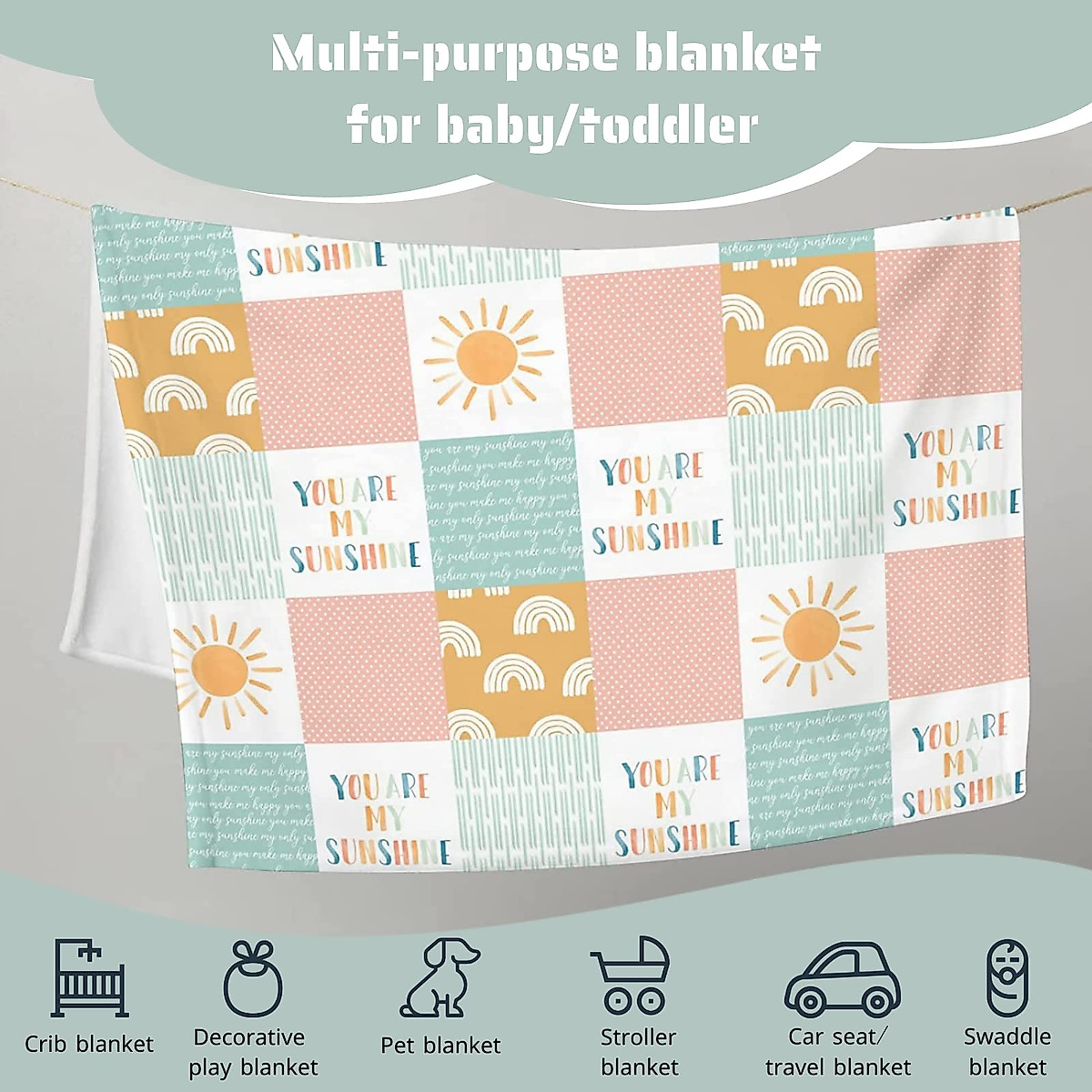 HawSkgFub Boho Rainbow You Are My Sunshine Baby Blanket Girls Gift, Pink Sun Polka Dots Patchwork Flannel Fleece Nursery Bed Blankets, Soft Lightweight Newborn Toddler Infant Kids Crib Bedding 30 x 40