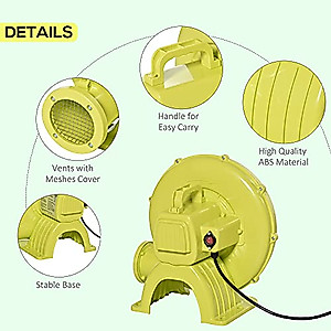 Outsunny Electric Air Blower 450-Watt Fan Blower Compact and Energy Efficient Pump Indoor Outdoor for Inflatable Bounce House, Bouncy Castle and Pneumatic Swimming Pool, Yellow