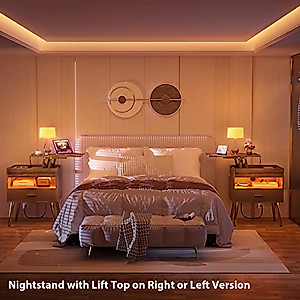 Cyclysio 35 Inches Nightstand with Reversible Lift Top, Large Night Stand with LED Lights, Tall Bedside Table with Charging Station, High End Side Table for Bedroom, Sofa Side, Living Room, Grey