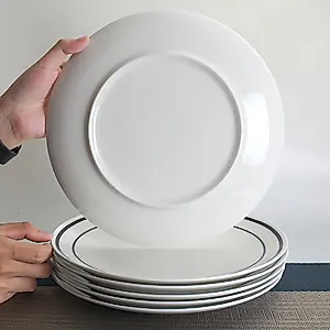 YFWOOD Ceramic Dinner Plates Set Of 6, 10.5 Inch Kitchen Dish Set, Contemporary Round Porcelain Tablewar,Microwave,Dishwasher and Oven Safe, Scratch Resistant Deep Plates - White & Blue Double Line