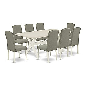 East West Furniture X027EN206-9 9-Piece Dinette Set - a Beautiful Modern Dining Table - 8 Lovely Parson Dining Chairs Nail Heads and High Back (Linen White Finish)