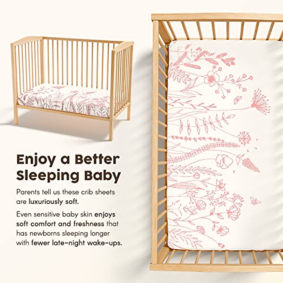 Carlsbad Linen Company Breathable Muslin and Silky Soft Bamboo Fitted Crib Sheet Ultimate Quality for Baby Boy or Girl Toddler (52"x28"x7") Cream and Pink Grass Flower Silhouette