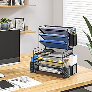 Simple Trending 7 Tier Desk File Organizer, Letter Tray Paper Organizer with Pen Holder and Metal Hanging Basket, Black