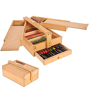 VISWIN Multi-Function Artist Storage Box, Portable Solid Beech Wooden Tool Box with Drawer, Three Layers Art Supplies Storage Box for Paint Brush, Pen, Pastel, Paining Supplies, 13 1/2" x9 1/2"x5"