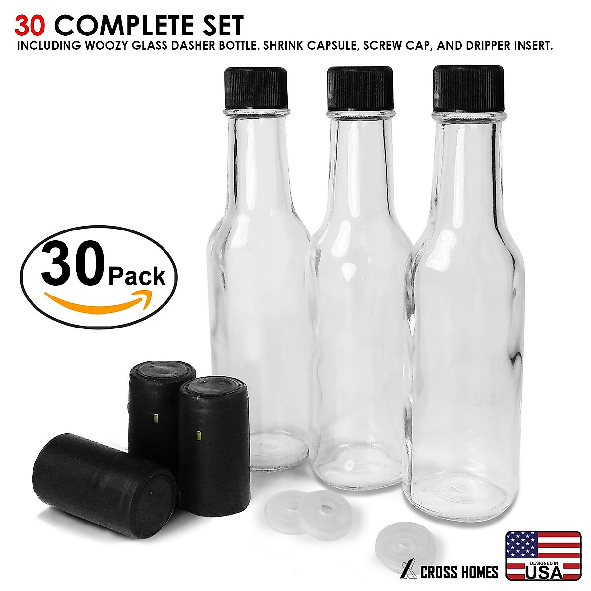 Hot Sauce Woozy Bottles Empty 5 Oz Complete Sets of Premium Commercial Grade Clear Glass Dasher Bottle with Shrink Capsule, Leak Proof Screw Cap, Snap On Orifice Reducer Dripper Insert (Black 30 Sets)