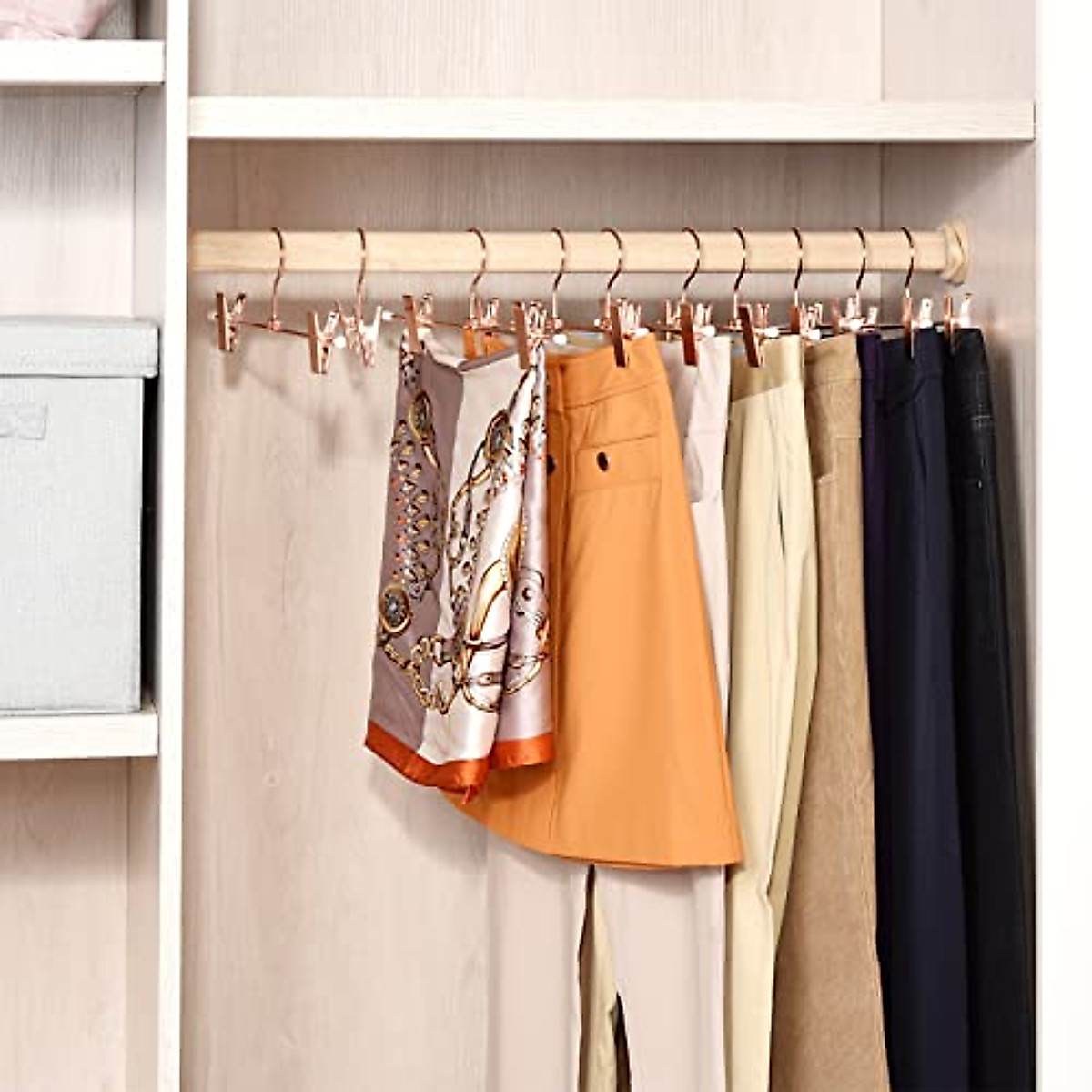 Amber Home 12 Pack Rose Copper Gold Metal Pants Skirt Hangers with Clips, Adjustable Clip Metal Trouser Hangers, Clip Hangers for Jeans Pants Heavy Duty (12 Pack)