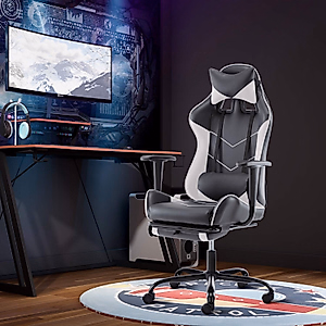 Gaming Chair PU Leather Racing Chair with Footrest, High Back Recliner Swivel Office Chair Headrest Ergonomic Lumbar Support Desk Chair, Executive Task Computer Chairs, White