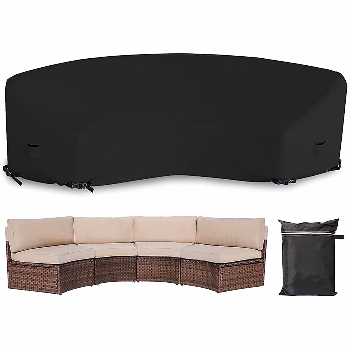 Skyour Patio Sectional Curved Sofa Protector Cover Waterproof Heavy Duty 420D Oxford Outdoor Sectional Curved Couch Sofa Covers with Windproof Reinforced Buckles Black (M: 120.08x38.98x35.83in)