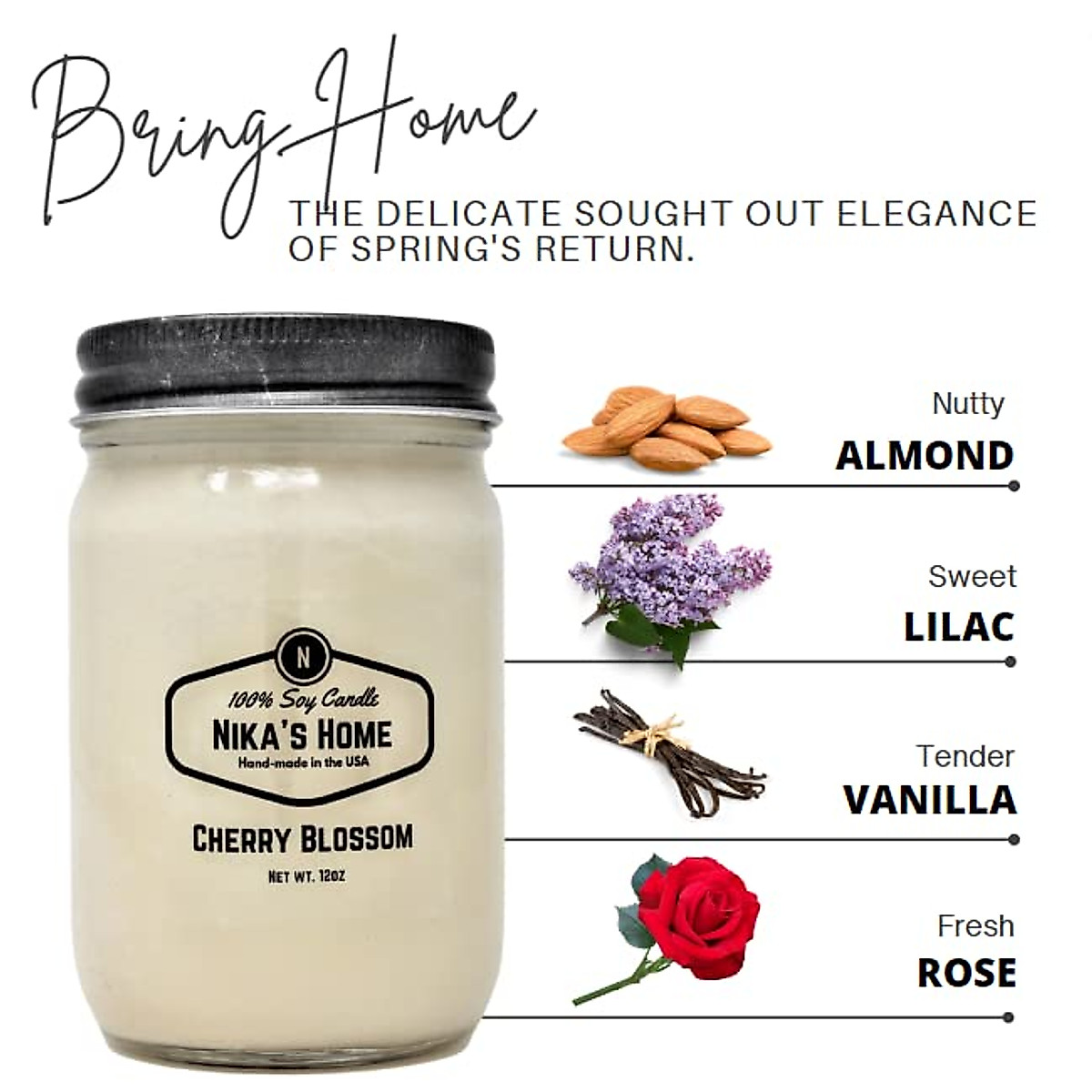 Nika's Home Cherry Blossom Soy Candle 12oz Mason Jar Non-Toxic White Soy Handmade, Long Burning 50-60 Hours Highly Scented All Natural, Clean Burning Large Candle Gift Décor