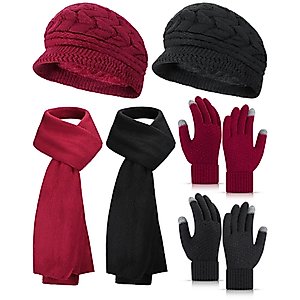 6 Pcs Winter Hat Gloves Scarf Set for Women Warm Knitted Beanie Hat Mittens Scarves Slouchy Visor Hats Scarf Gloves (Black, Date Red)