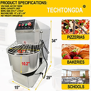 TECHTONGDA 30L Commercial Dough Mixer Electric Flour Mixer Dual Rotating Double Speed Dough Kneading Machine Stainless Steel Stand Mixer Pizza & Bread Dough Mixing Machine for Restaurant Pizzeria