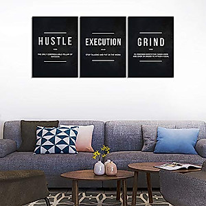 Motivational Posters Inspirational Wall Art Motivation Canvas Paintings Wooden Framed Hustle Wall Decor Black 3 Pieces Office Wall Art for Living Room Bedroom Home Decor Easy to Hang(36”Wx16”H)