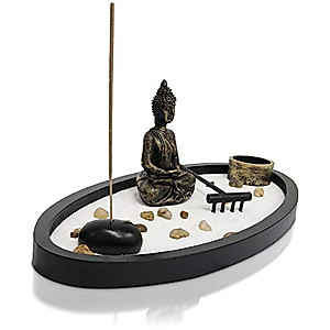 Japanese Zen Garden Kit Home Decor - Buddha Incense Stick Holder Office Desk Accessories - Zen Garden Sand Corner Desk Office Decor - Buddha Statue Table Top - 13.5" x 6.25" x 5"