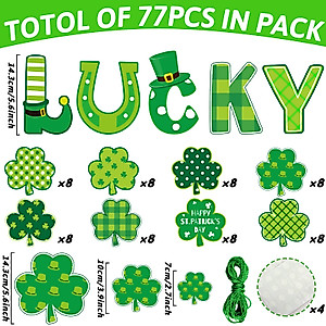 77Pcs St. Patrick's Day Shamrock Cutouts Decorations Green Lucky Irish Paper Clover Cut-Outs Includes Glue Points and Rope for Classroom Bulletin Board Game Party Supplies