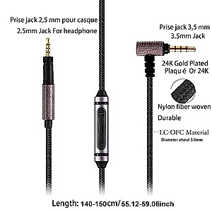 Replacement Audio Cable line 1.5m for Sennheiser Momentum 2 1.0 2.0 3.0 HD 4.40 BT HD4.50 HD4.30i hd 400s 3.5 to 2.5mm Headphones Cable Wire with Mic Control for iPhone iOS Android