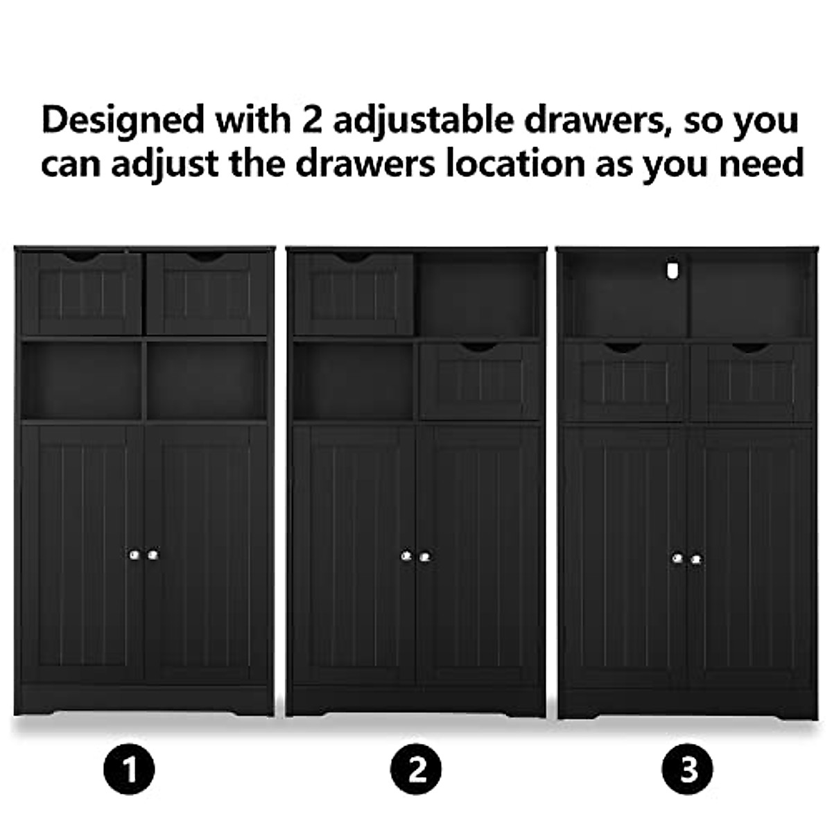 Iwell Large Bathroom Cabinet, Bathroom Storage Cabinet with 2 Drawers & 2 Shelves, Bathroom Floor Cabinet with 2 Doors for Living Room, Bedroom, Kitchen, Black