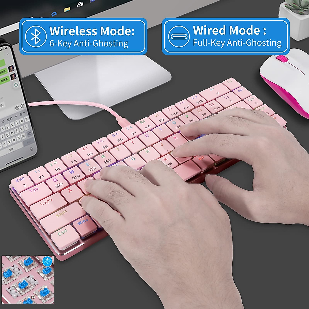 chuangquan CQ009 Mechanical Wireless/Wired Gaming Keyboard Bluetooth 5.0 RGB Backlit Blue Switch Compact 69 Keys Compatible with PC, Laptop and Smartphone (Pink)
