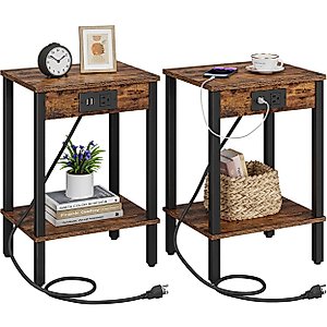 VIMBER Set of 2 End Table with Charging Station, Narrow Side Table with USB Ports and Outlets, Nightstands with 2-Tier Storage Shelves, Sofa Table for Small Space Living Room Bedroom