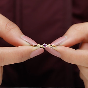 Natural Amethyst Diamond Promise Ring for Women - Pre Engagement Ring, 5 MM Round Amethyst Solitaire Ring, AAA Quality, 14K Yellow Gold, Size:US 8.00