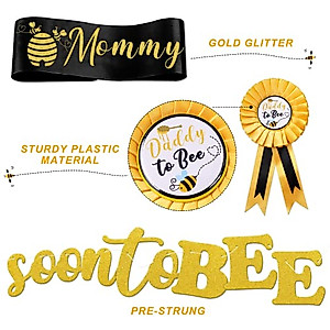 Bumble Bee Baby Shower Decoration Set, Soon to Bee A Family of Three Banner Mom to Bee Sash Daddy to Bee Badge Bee Themed Sprinkle Gender Reveal Pregnancy Announcement Honeycomb Party Supplies