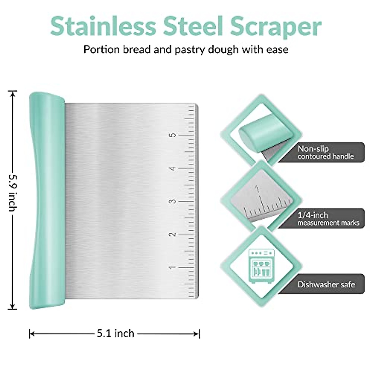 Rainspire Bench Scraper, Stainless Steel Dough Scraper, Pastry Scraper, Pizza and Dough Cutter Multi-Purpose Scraper/Chopper, Pizza Cutter Food Chopper Baking Supplies Kitchen Gadgets, Mint Green